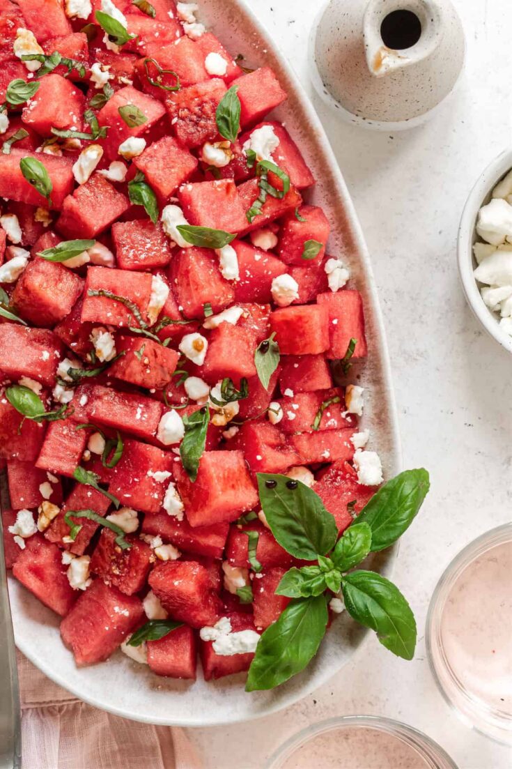 Watermelon Salad with Basil, Feta, Balsamic Glaze - Celebrations at Home